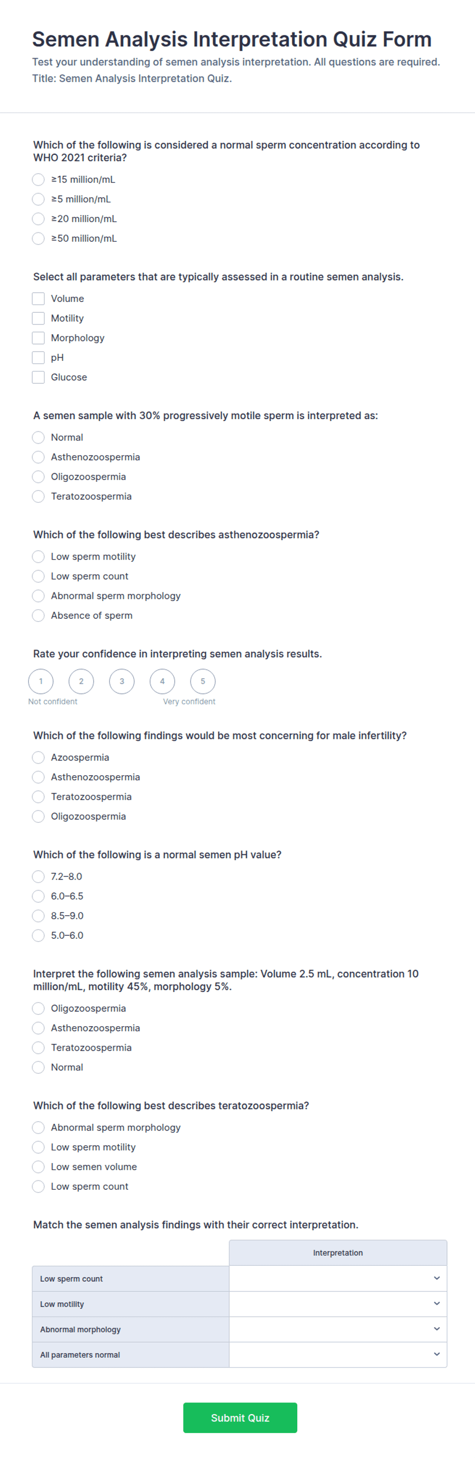 Semen Analysis Interpretation Quiz Form Template | Jotform