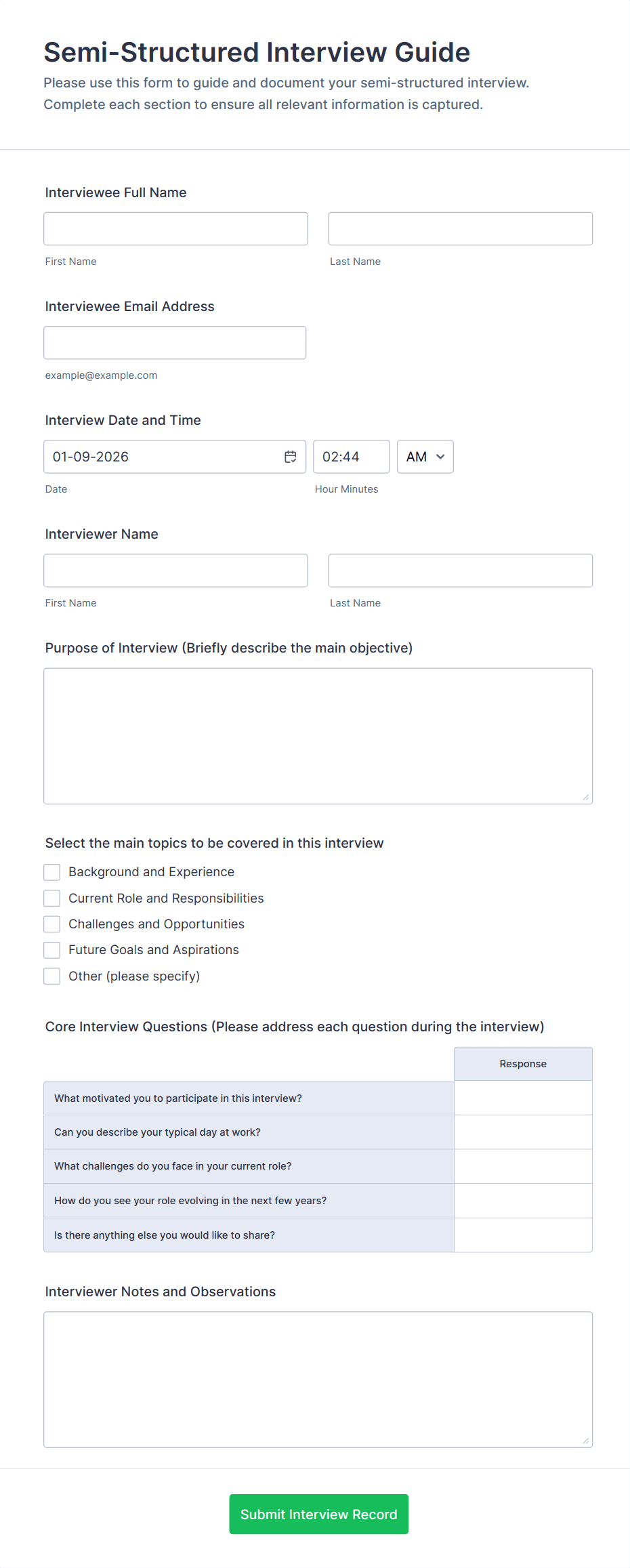 Semi-Structured Interview Guide Form Template | Jotform