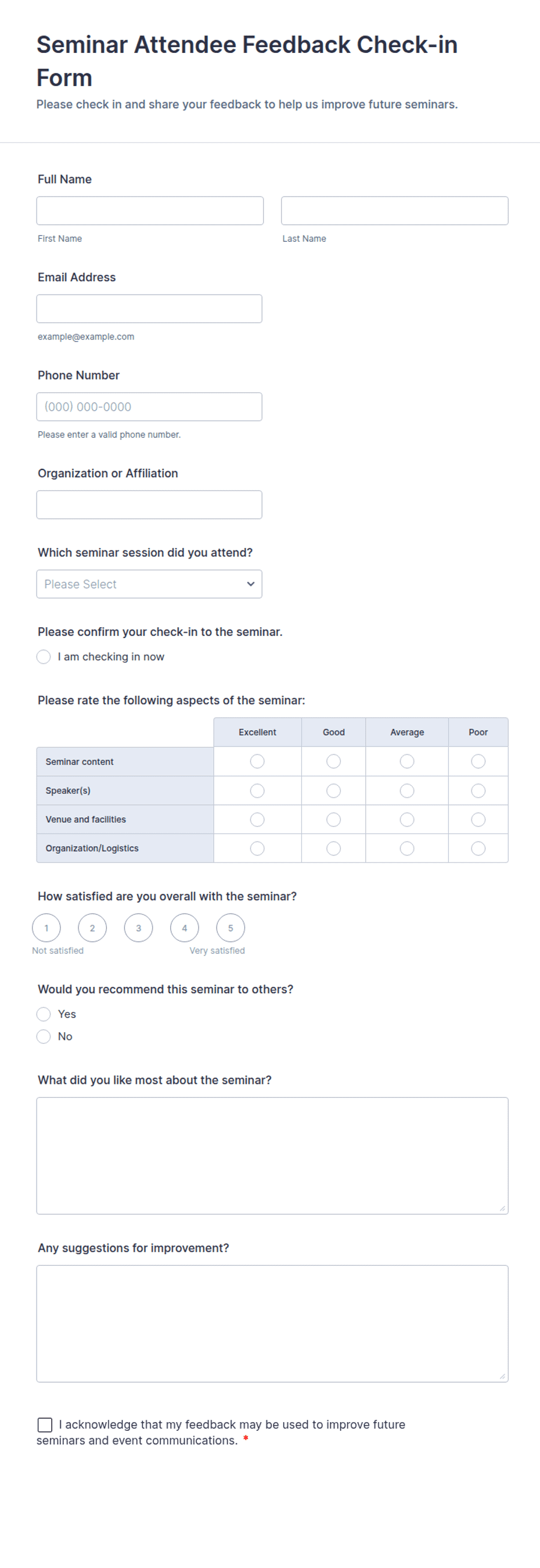 Seminar Attendee Feedback Check-in Form Template | Jotform