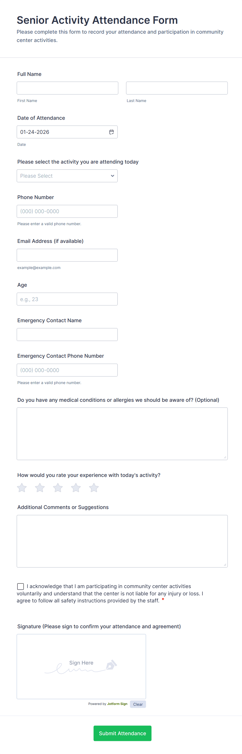 Senior Activity Attendance Form Form Template | Jotform