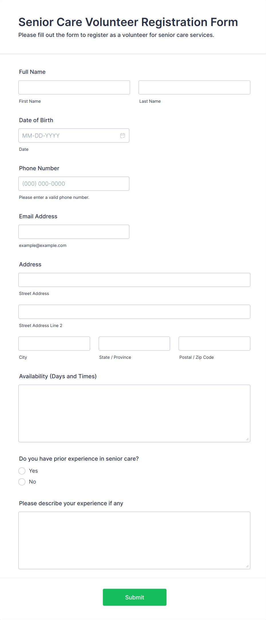 Senior Care Volunteer Registration Form Template | Jotform