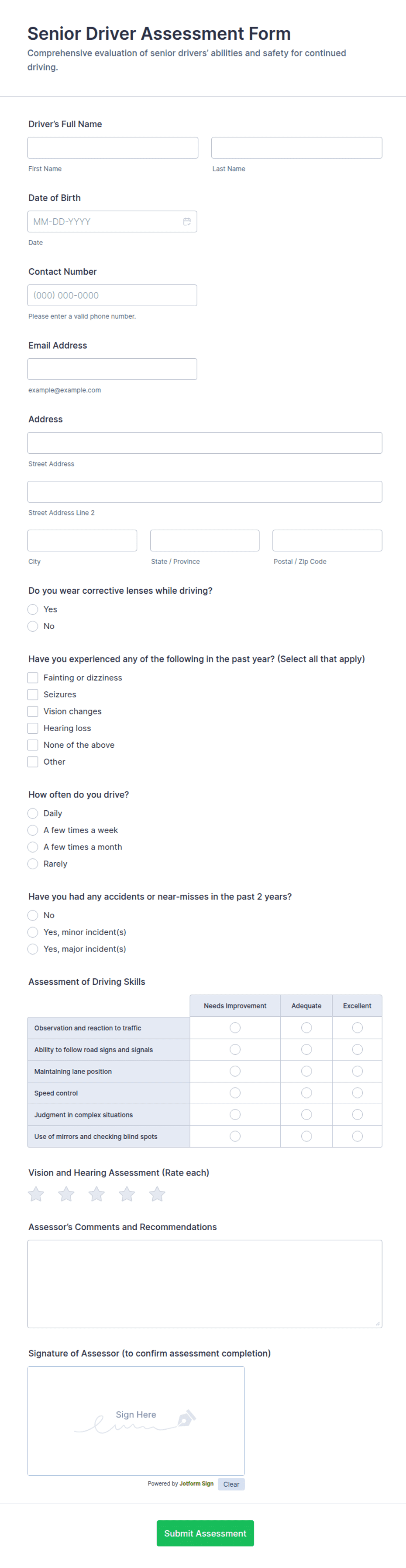 Senior Driver Assessment Form Template | Jotform