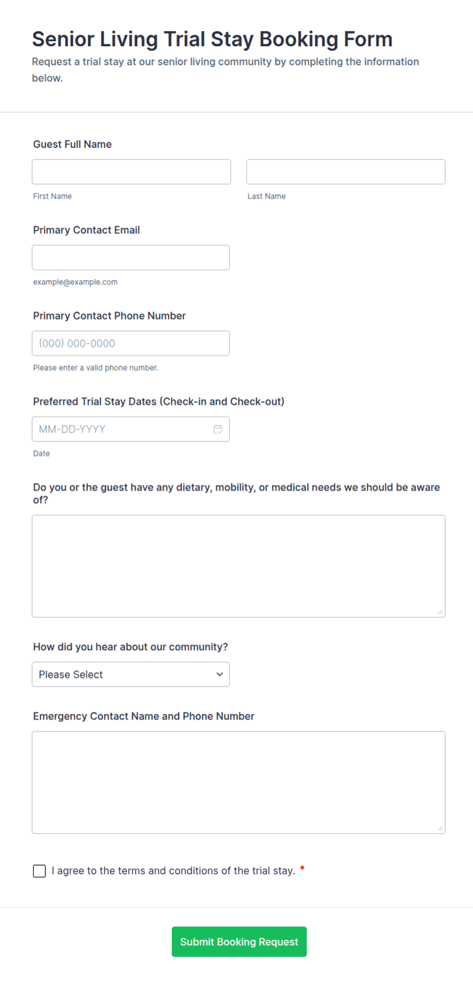 Senior Living Trial Stay Booking Form Template | Jotform
