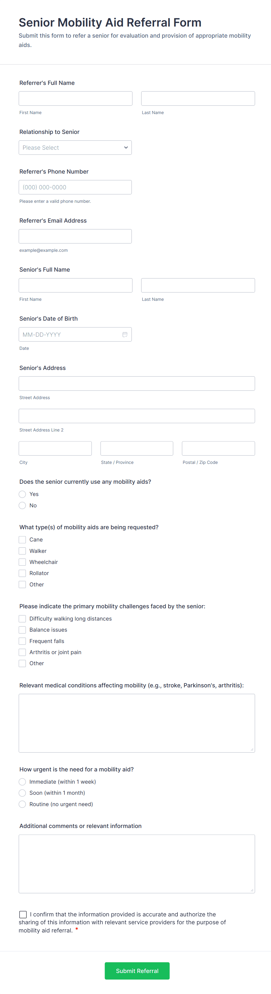 Senior Mobility Aid Referral Form | Jotform