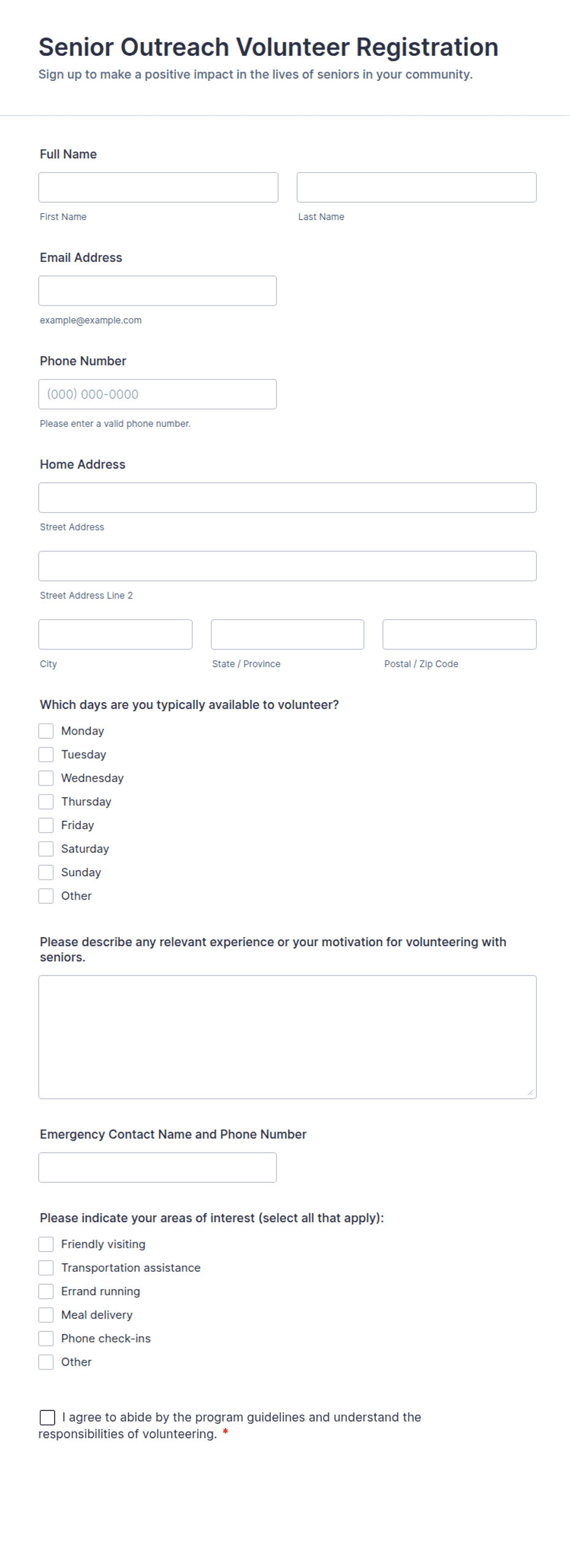 Senior Outreach Volunteer Registration Form Template | Jotform