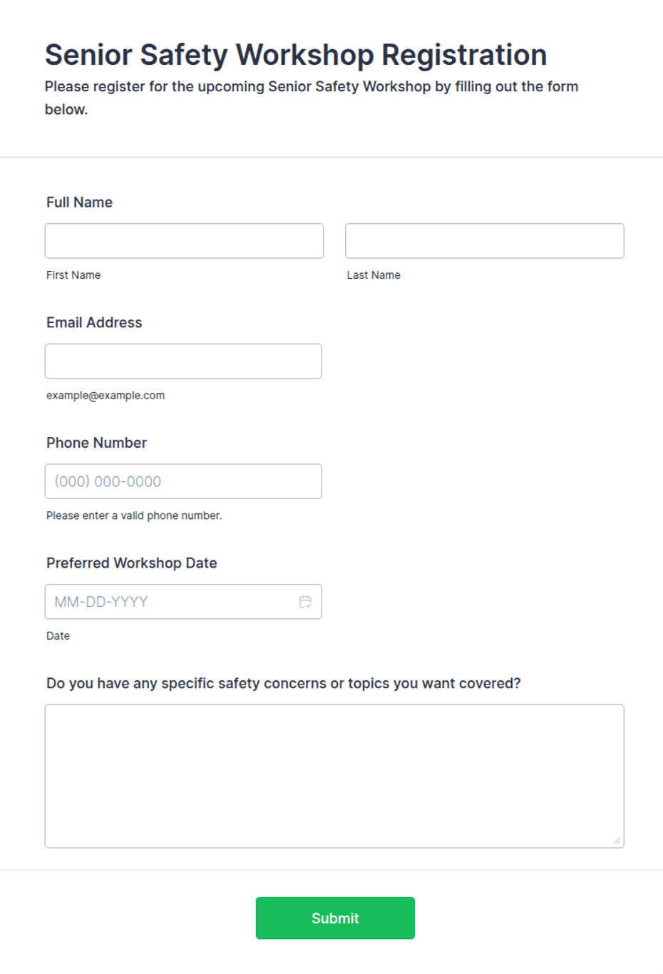 Senior Safety Workshop Registration Form Template | Jotform