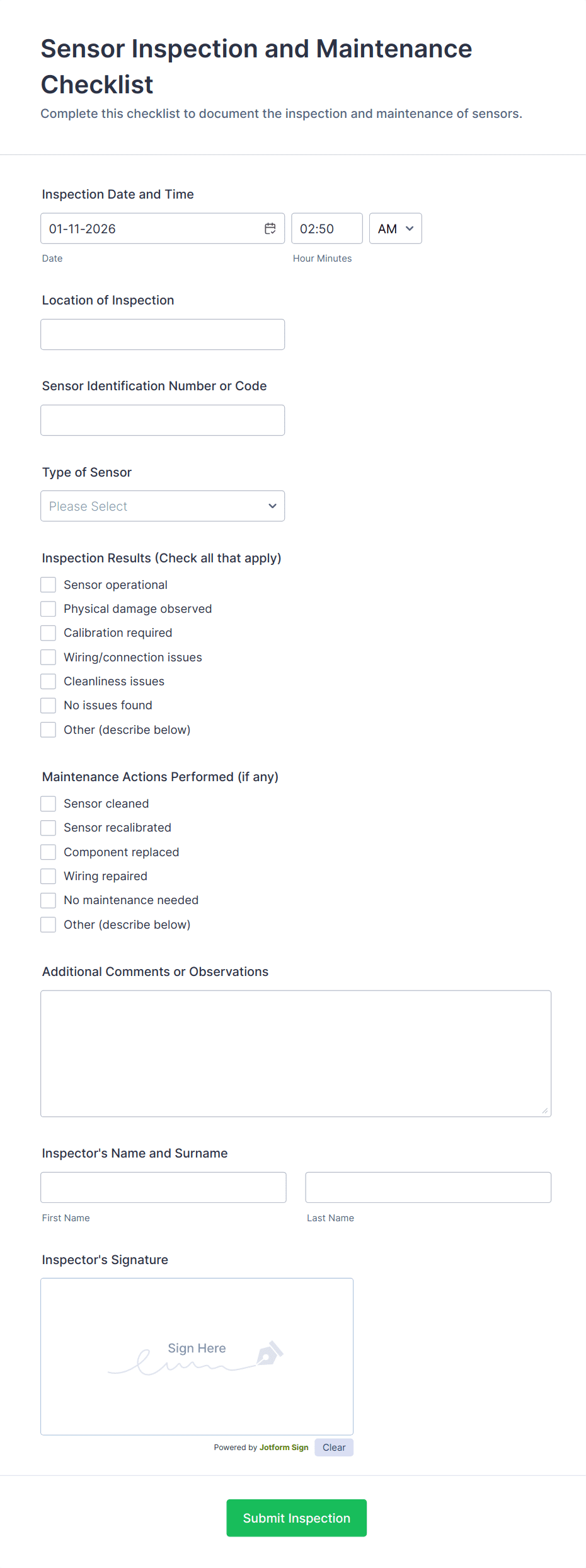 Sensor Inspection and Maintenance Checklist Form Template | Jotform