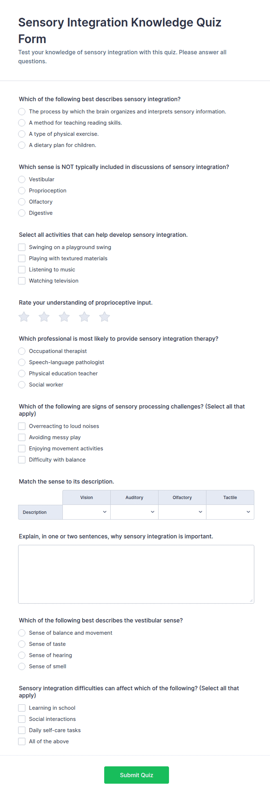 Sensory Integration Knowledge Quiz Form Template | Jotform