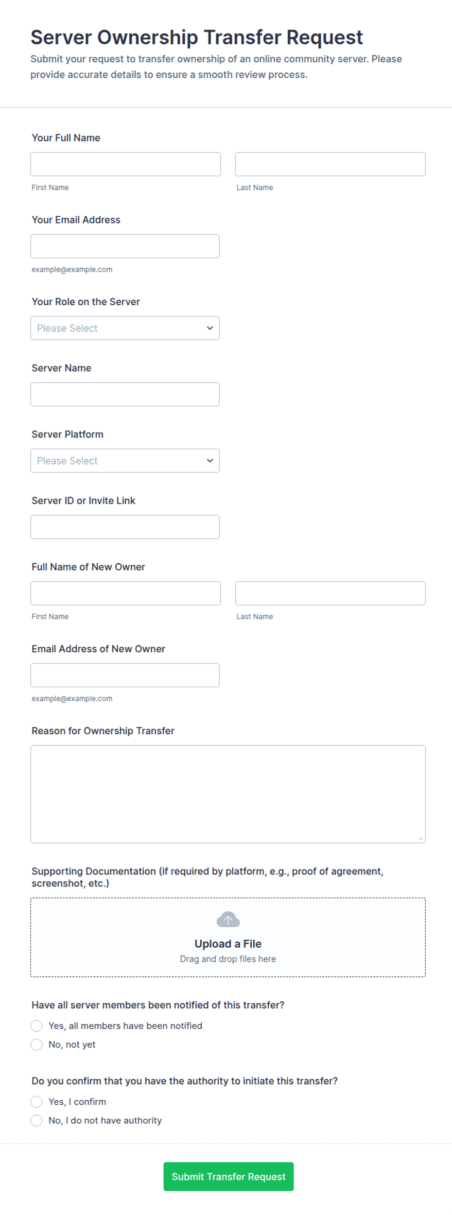 Server Ownership Transfer Request Form Template | Jotform