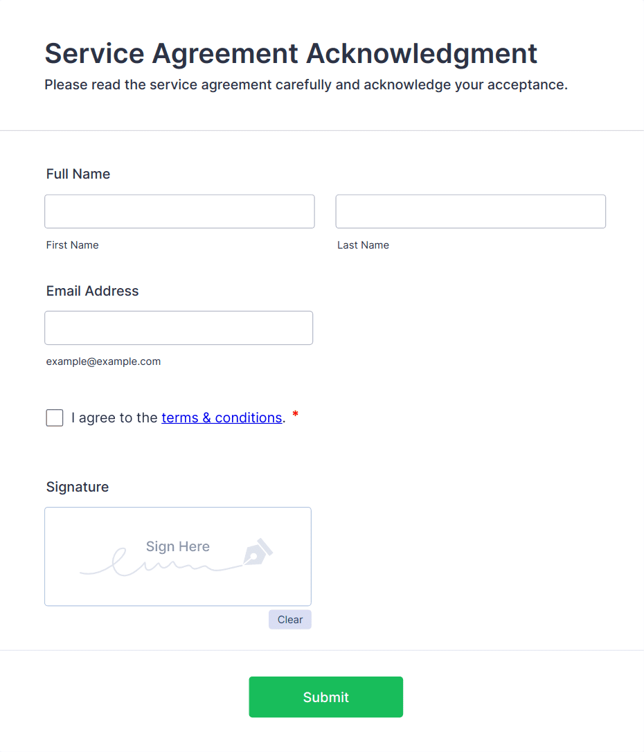 Service Agreement Acknowledgment Form Template | Jotform