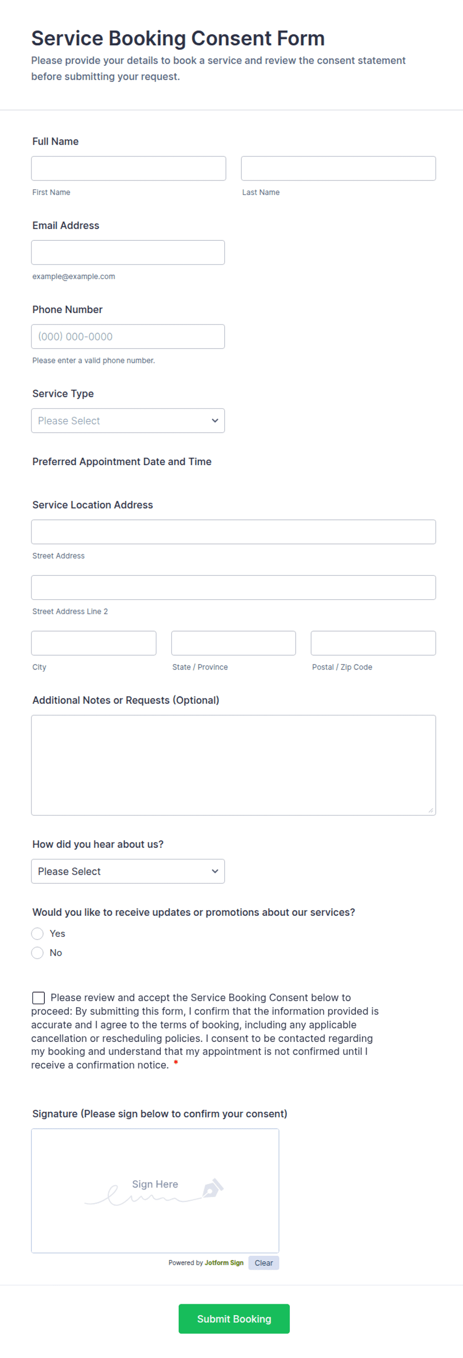 Service Booking Consent Form Template | Jotform