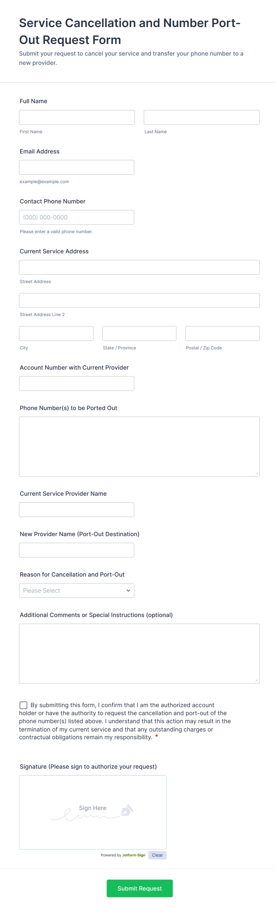 Service Cancellation and Number Port-Out Request Form Template | Jotform