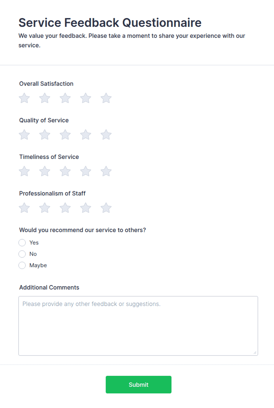 Service Feedback Questionnaire Form Template | Jotform