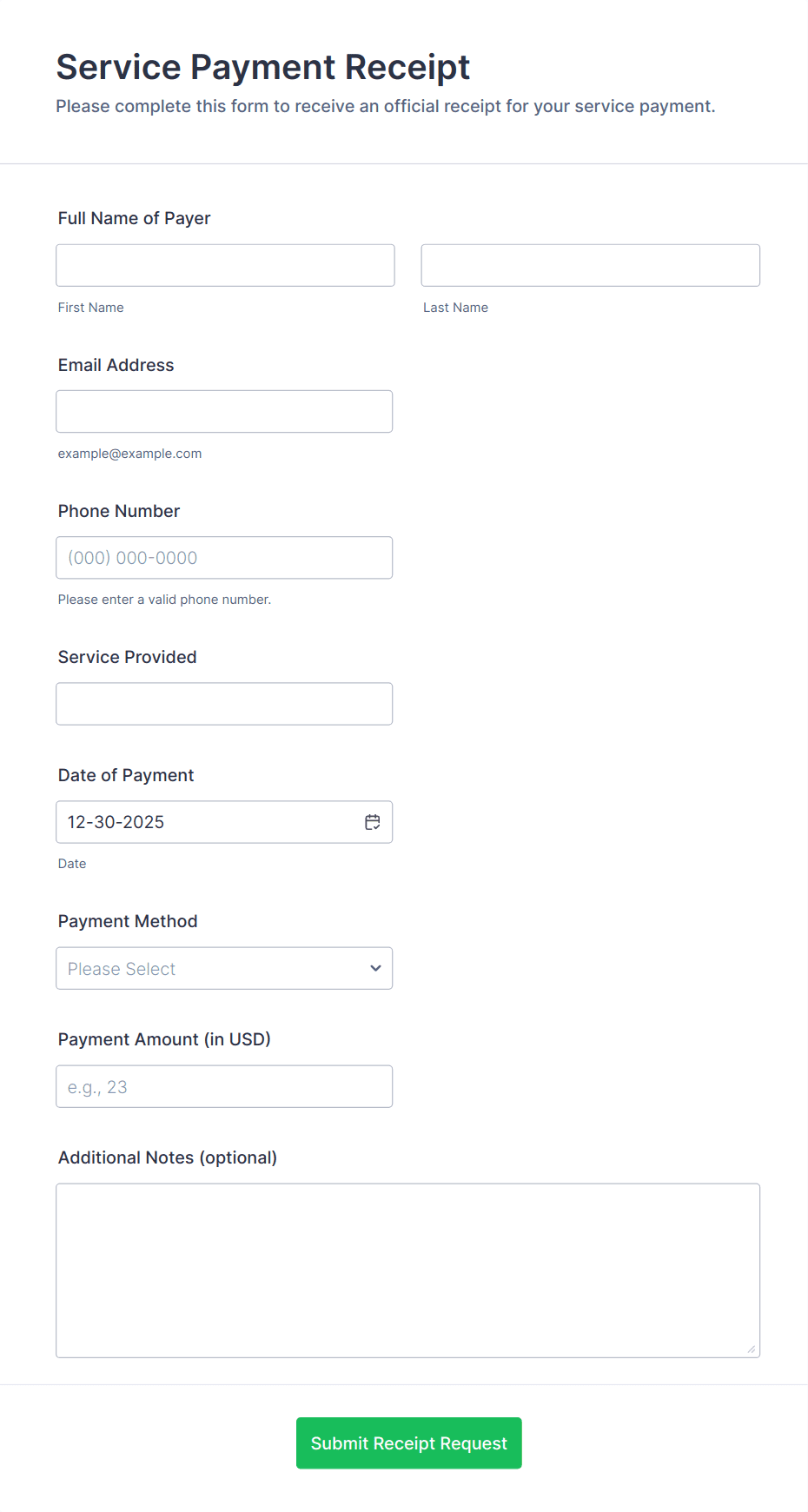 Service Payment Receipt Form Template | Jotform