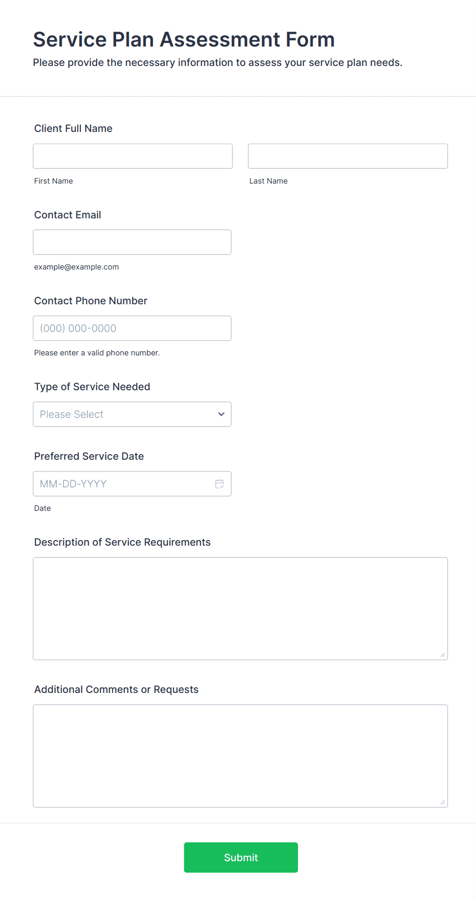 Service Plan Assessment Form Template | Jotform