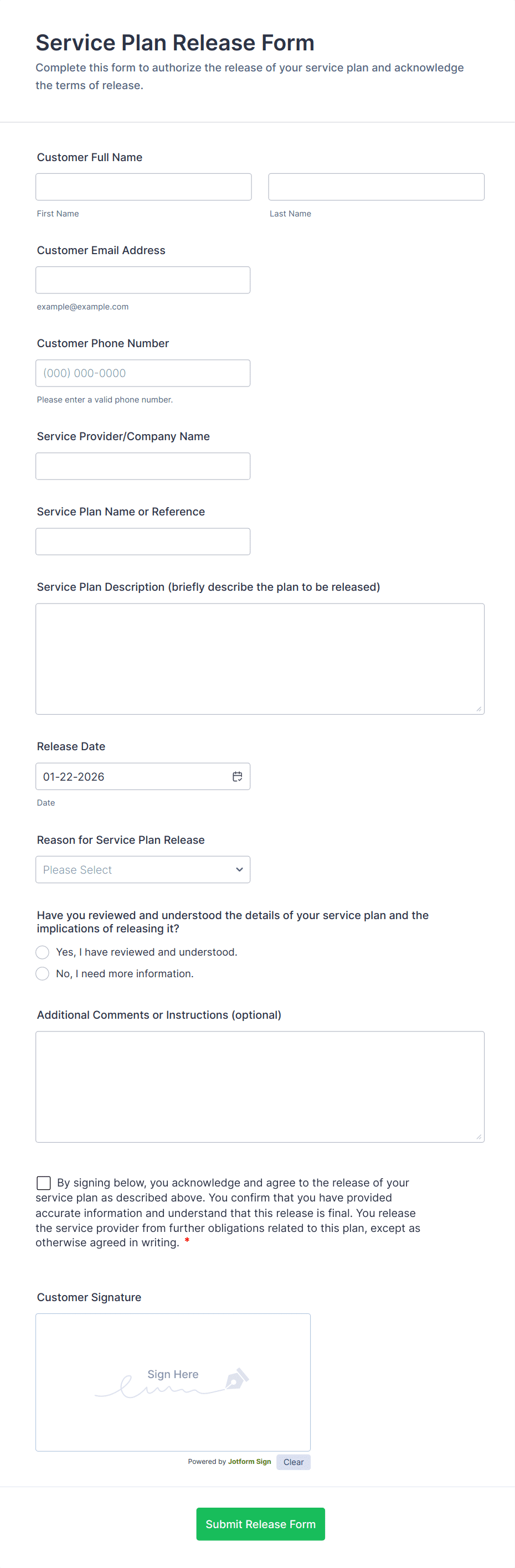 Service Plan Release Form Template | Jotform