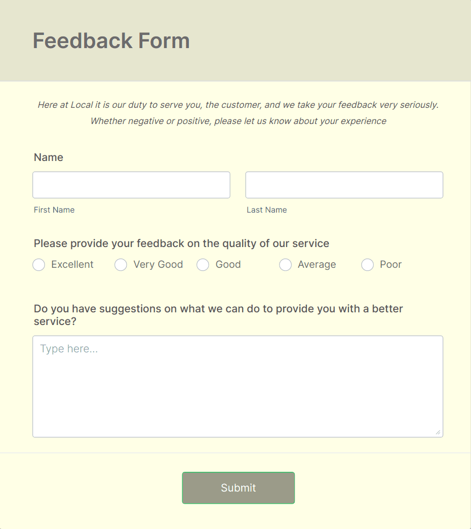 Service Quality Feedback Form Template | Jotform