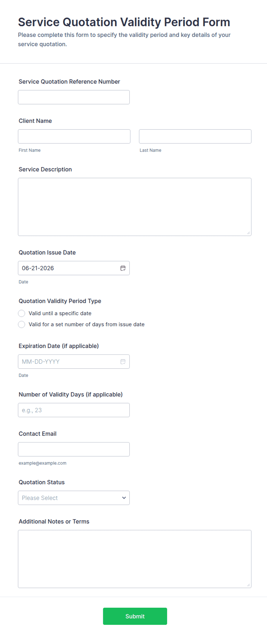 Service Quotation Validity Period Form Template | Jotform