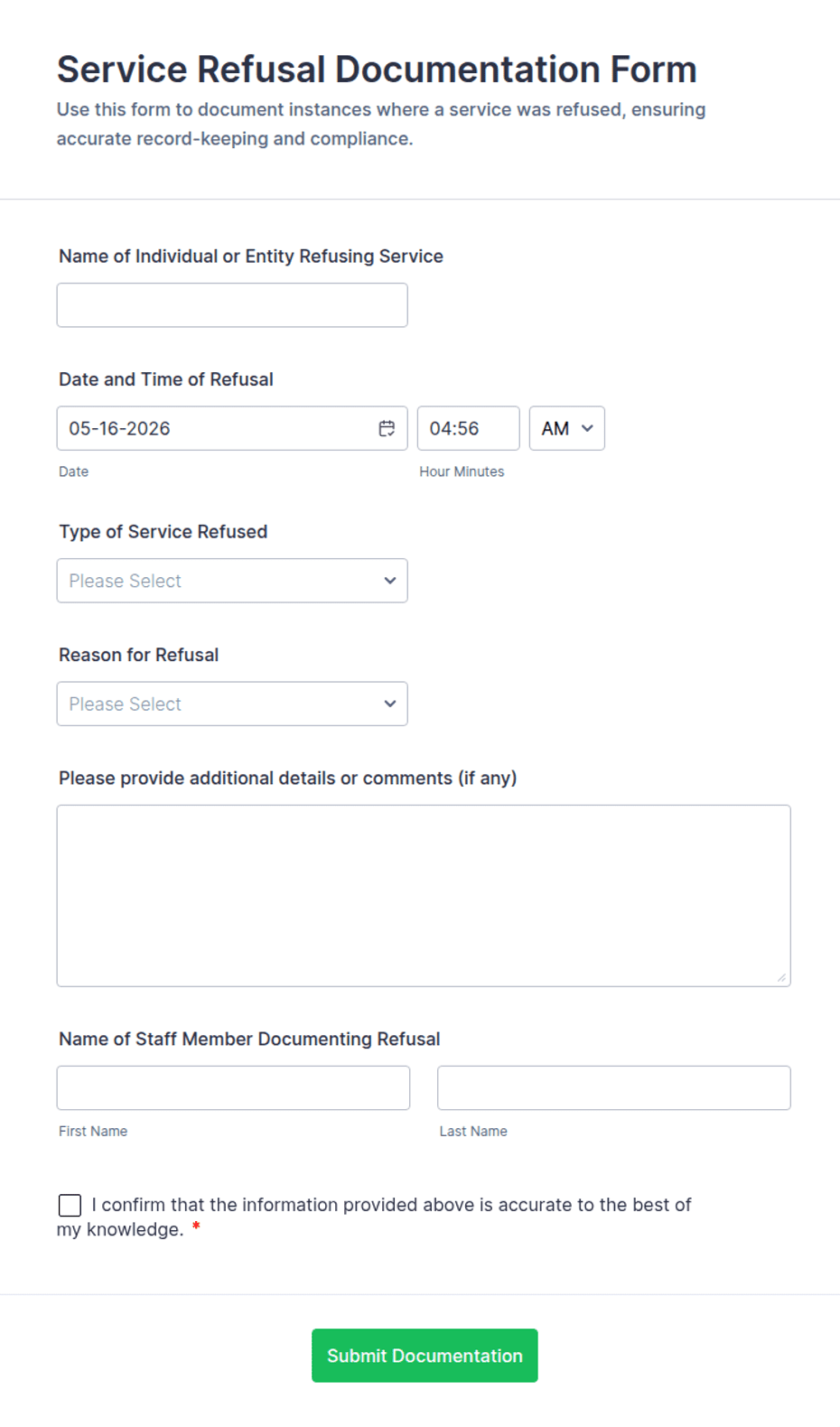 Service Refusal Documentation Form Template | Jotform