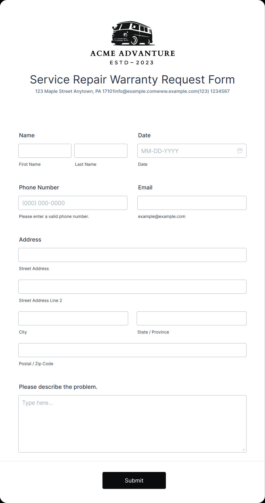 Service Repair Warranty Request Form Template | Jotform