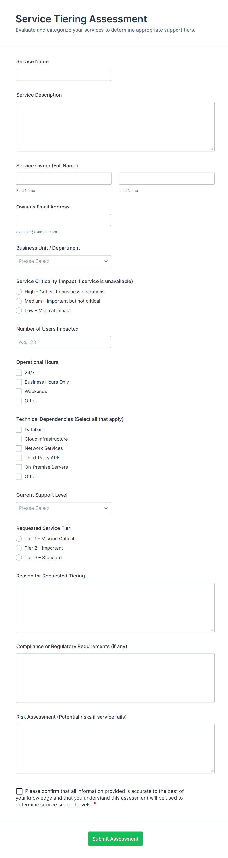 Service Tiering Assessment Form Template | Jotform