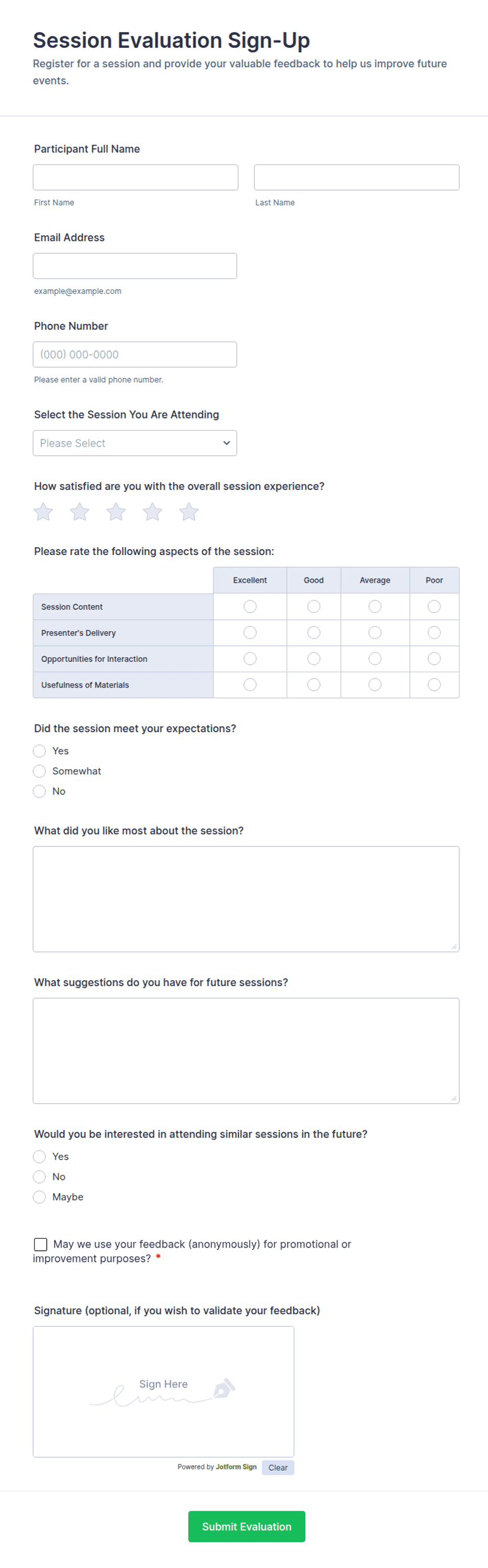 Session Evaluation Sign-Up Form Template | Jotform