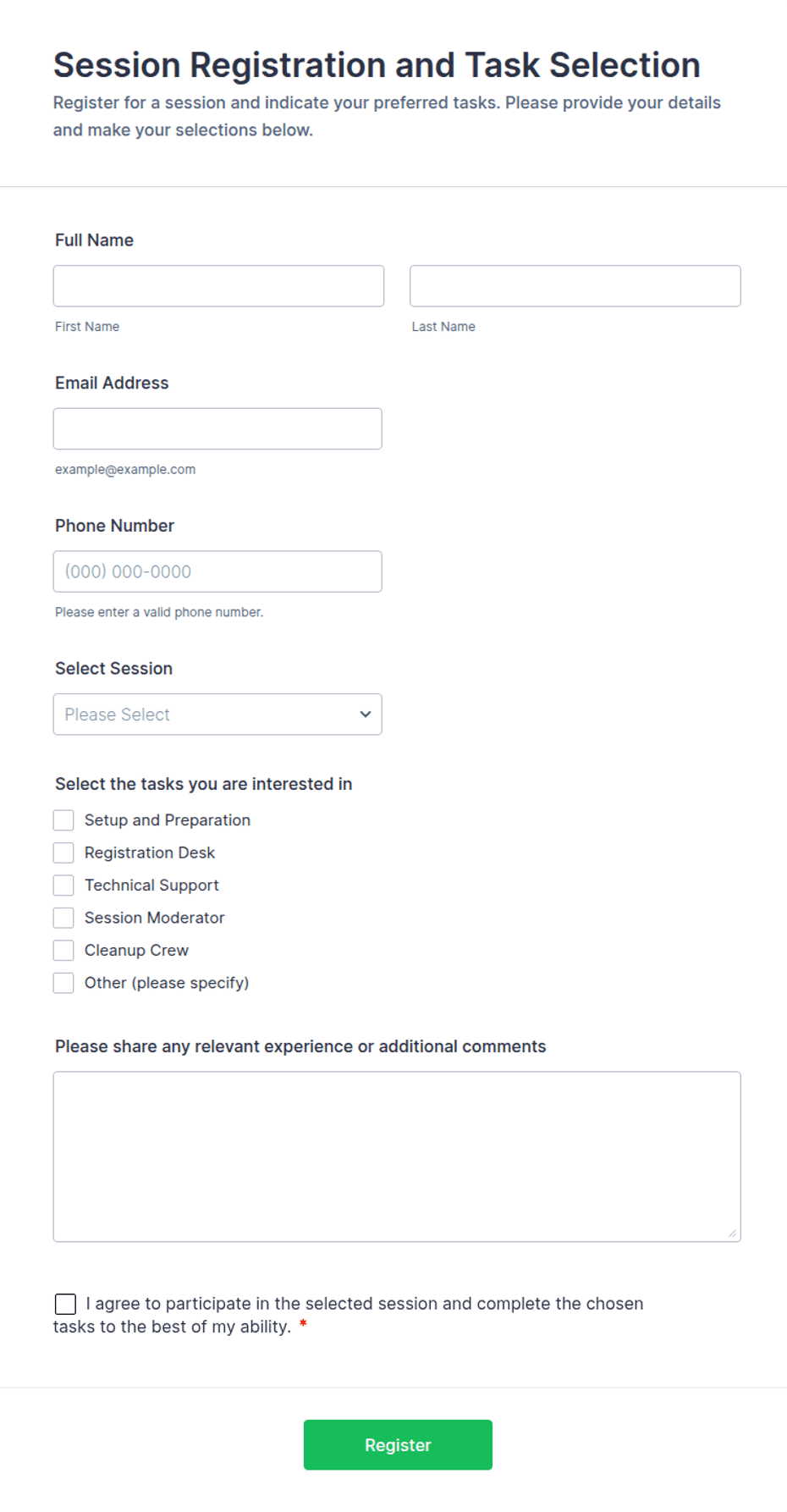 Session Registration and Task Selection Form Template | Jotform