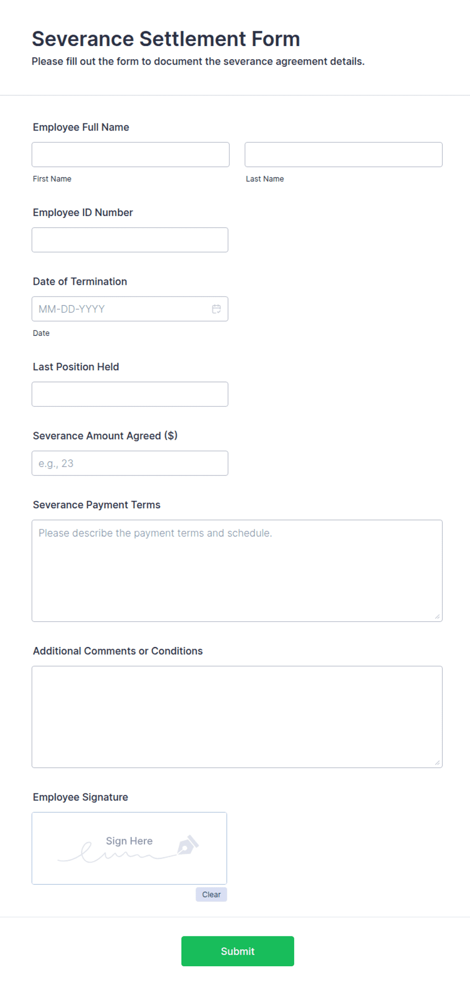 Severance Settlement Form Template | Jotform