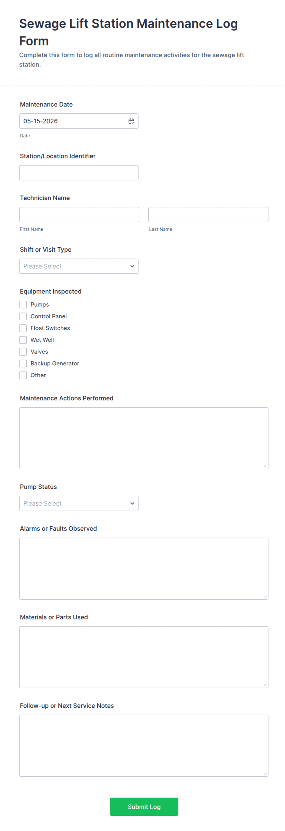 Sewage Lift Station Maintenance Log Form Template | Jotform