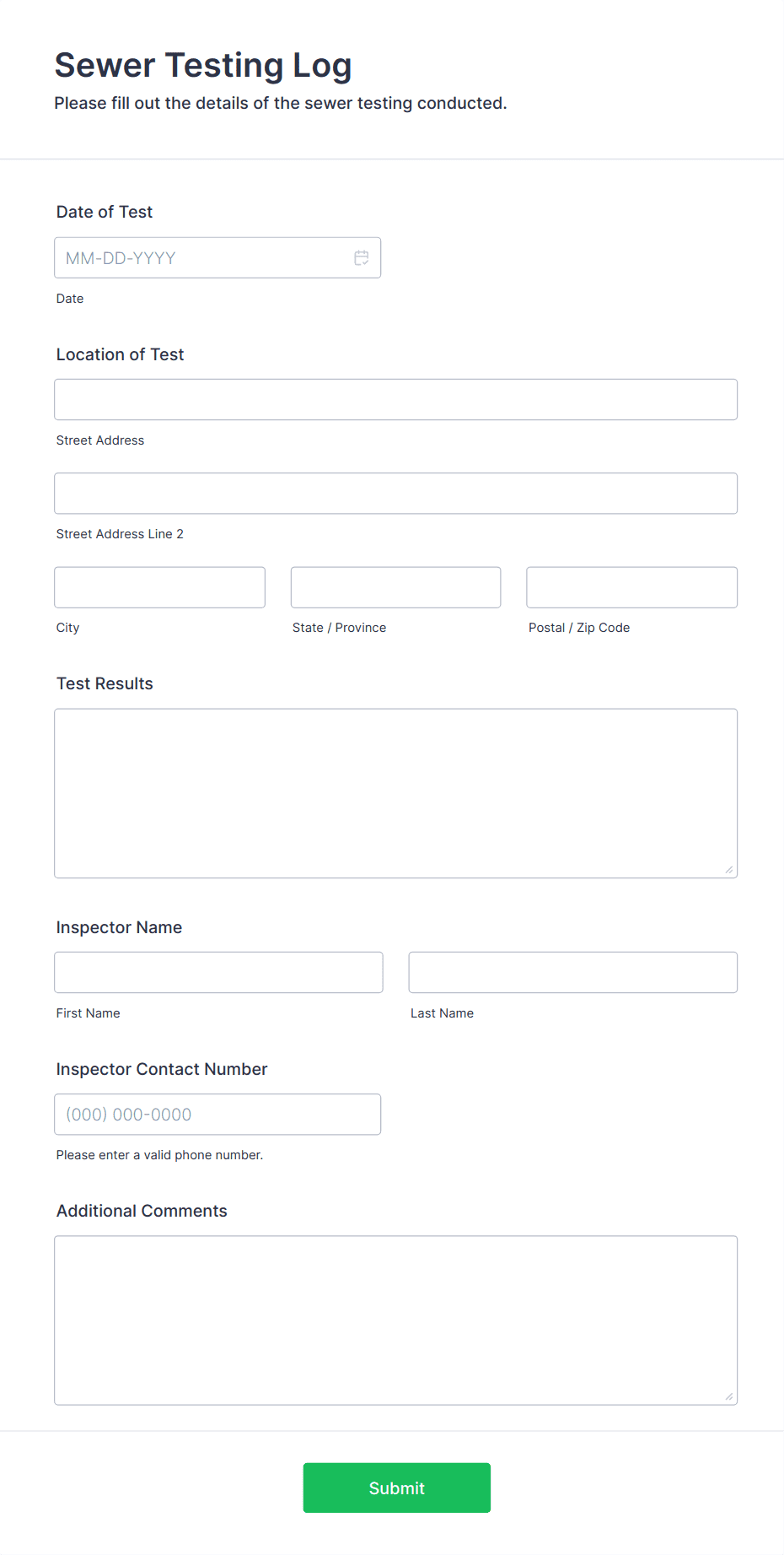 Sewer Testing Log Form Template | Jotform