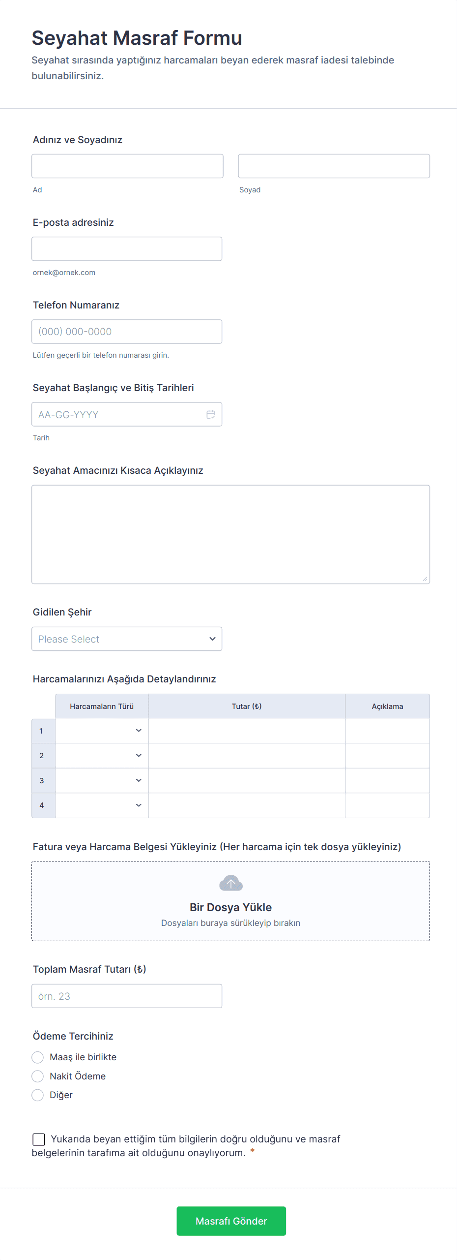Seyahat Masraf Form Şablonu | Jotform
