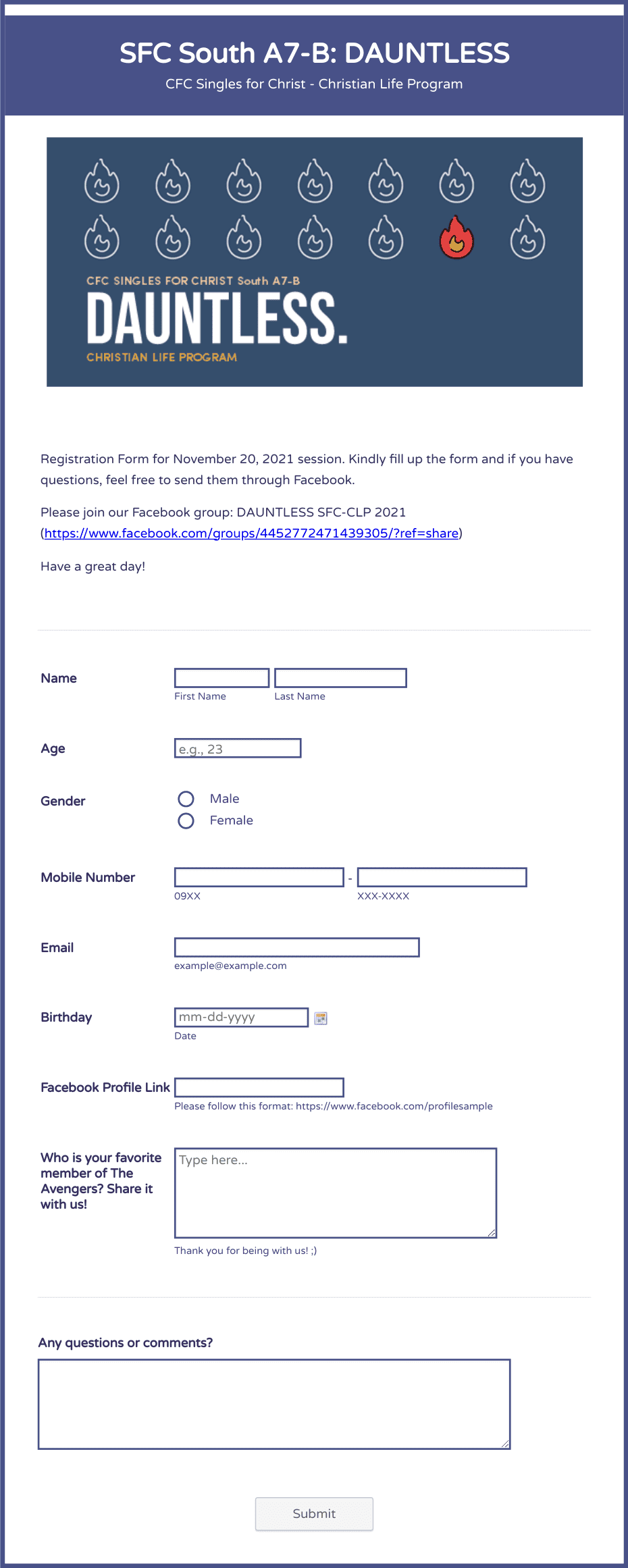 SFC South A7-B: DAUNTLESS Session sample Form Template | Jotform