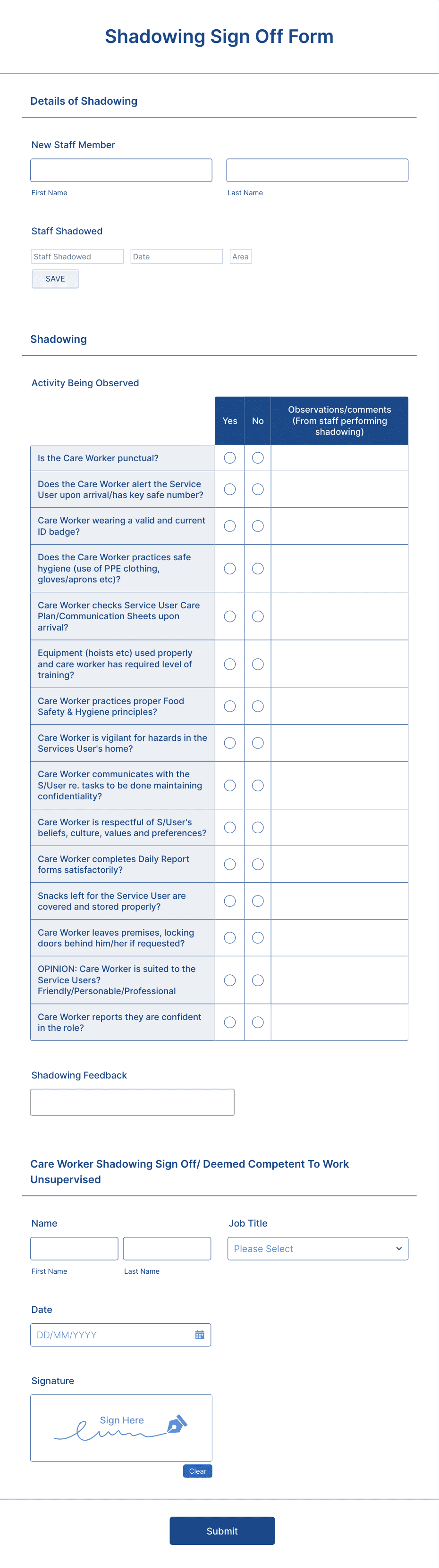 Shadowing Sign Off Form Template | Jotform