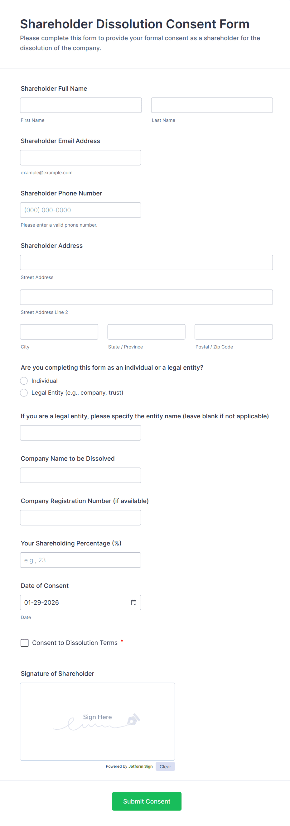 Shareholder Dissolution Consent Form Template | Jotform