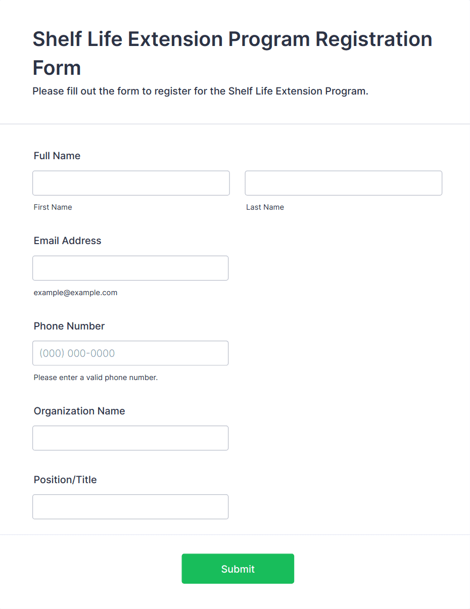 Shelf Life Extension Program Registration Form Template | Jotform