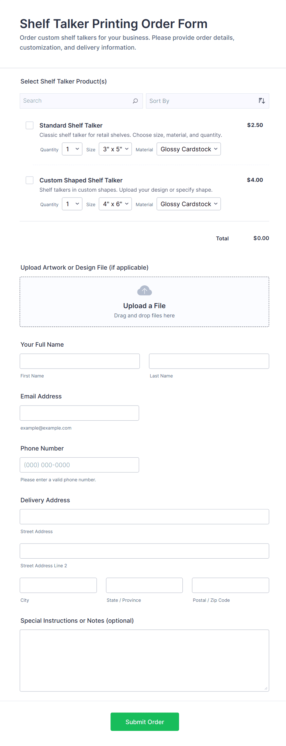 Shelf Talker Printing Order Form Template | Jotform
