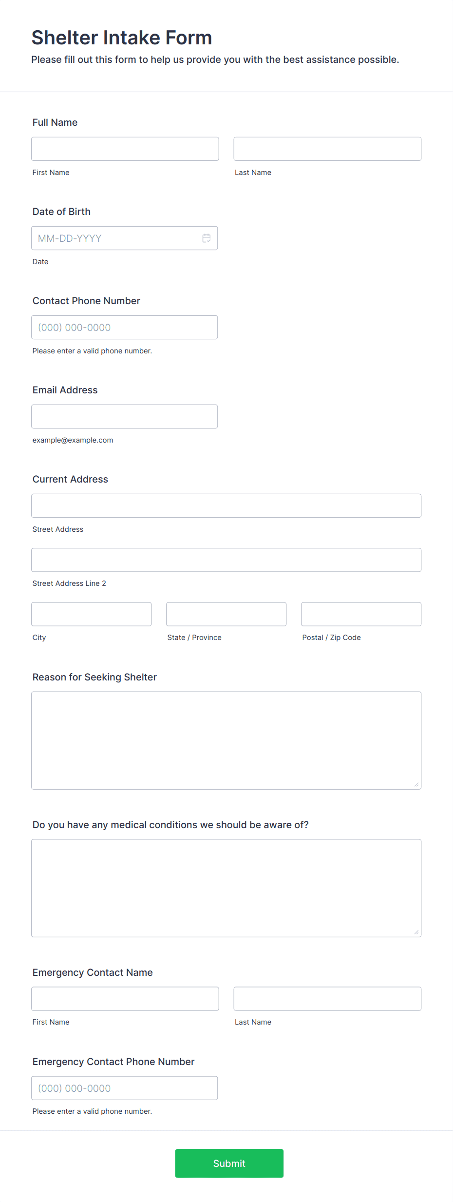 Shelter Intake Form Template | Jotform