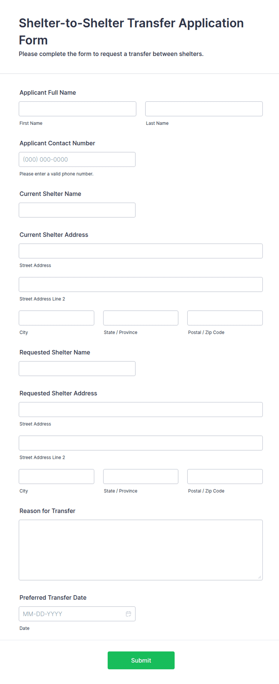 Shelter-to-Shelter Transfer Application Form Template | Jotform