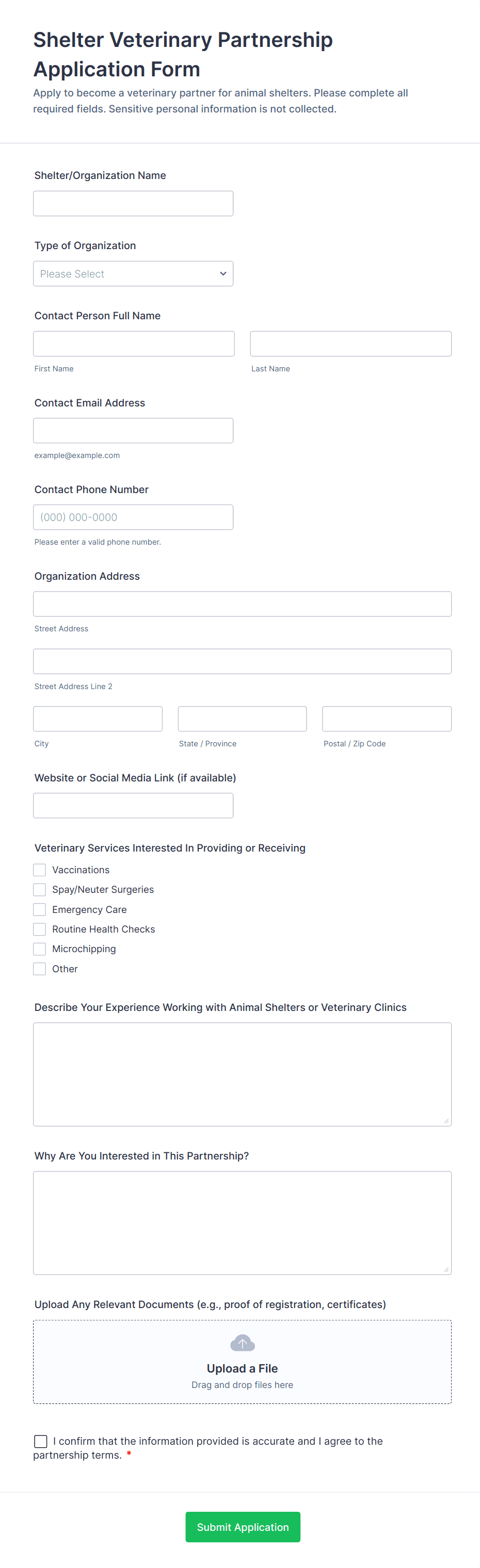 Shelter Veterinary Partnership Application Form Template | Jotform