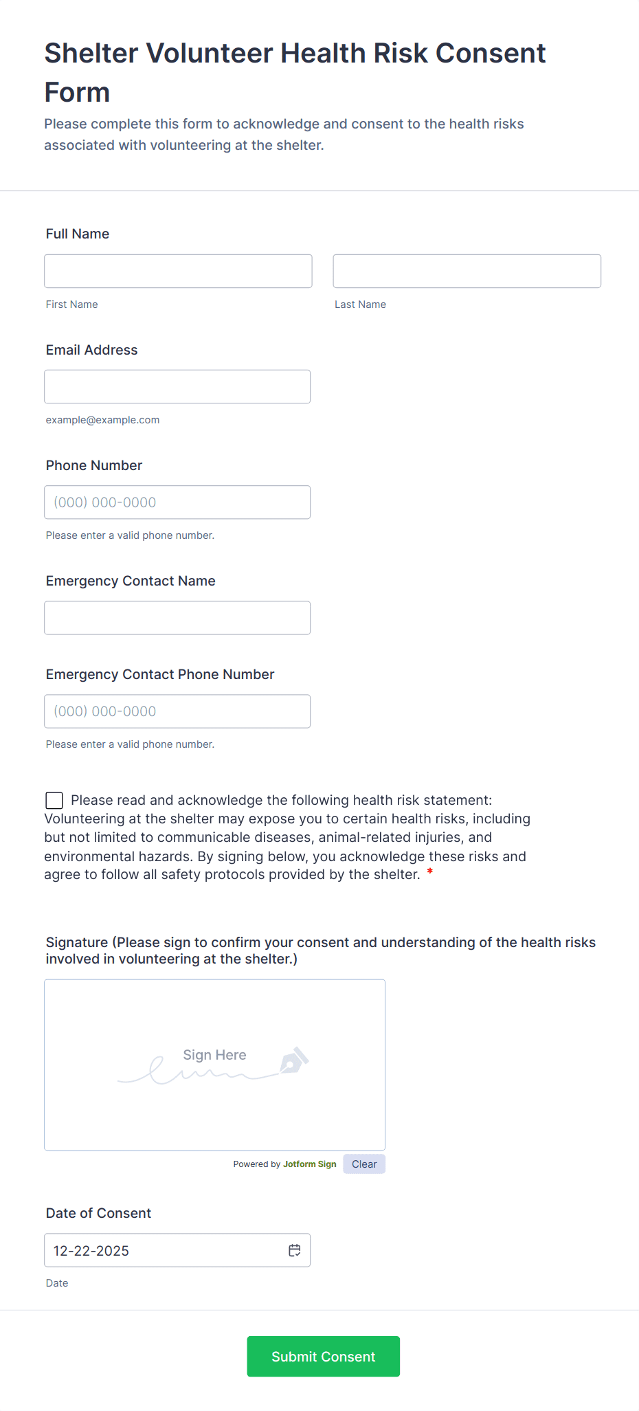 Shelter Volunteer Health Risk Consent Form Template | Jotform