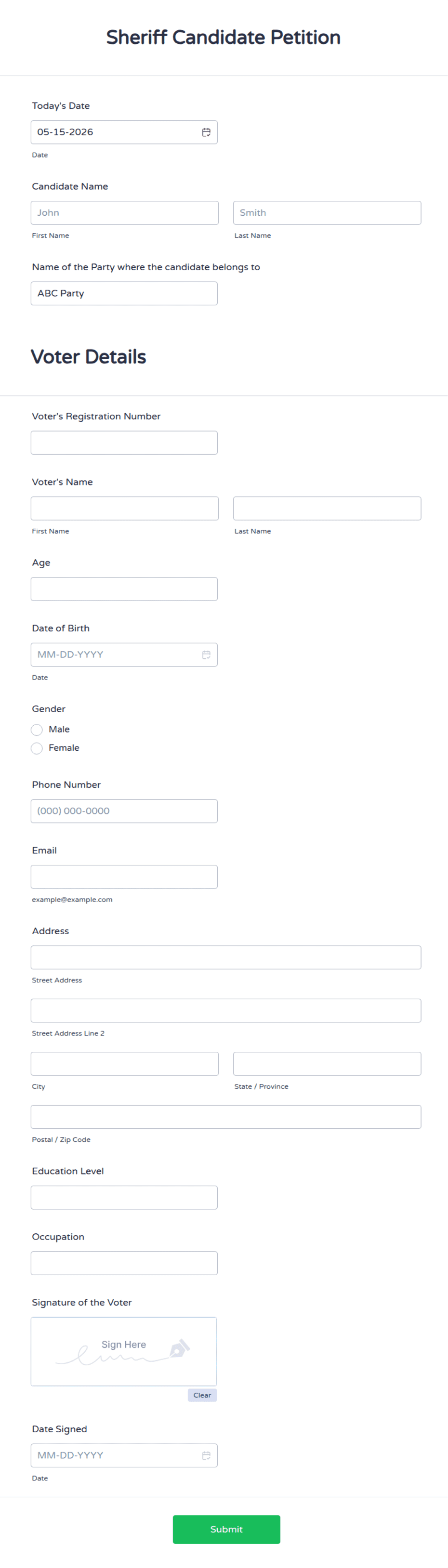 Sheriff Candidate Petition Form Template | Jotform