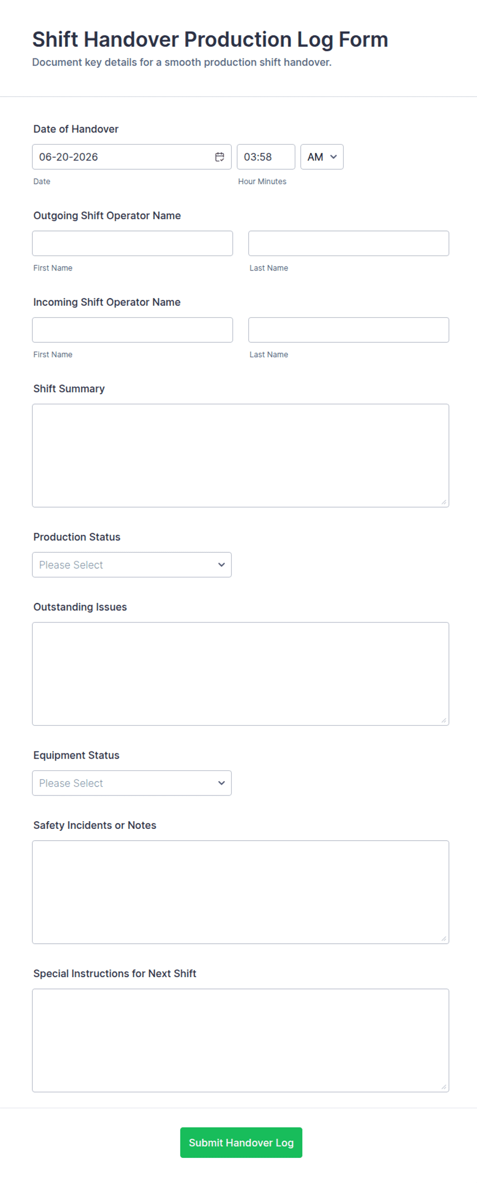 Shift Handover Production Log Form Template | Jotform