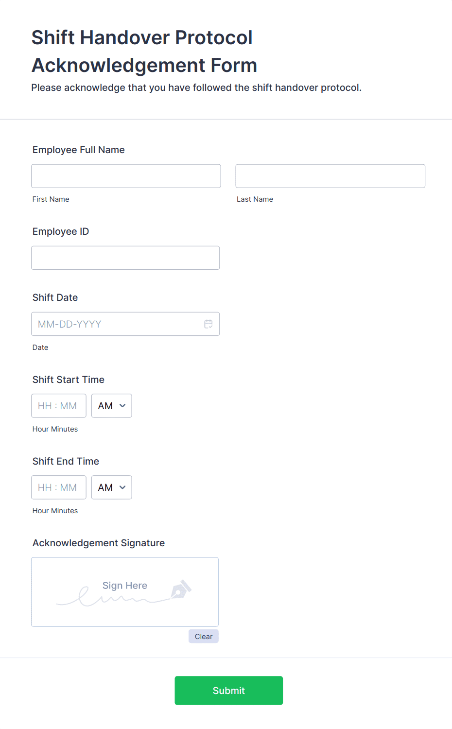 Shift Handover Protocol Acknowledgement Form Template | Jotform