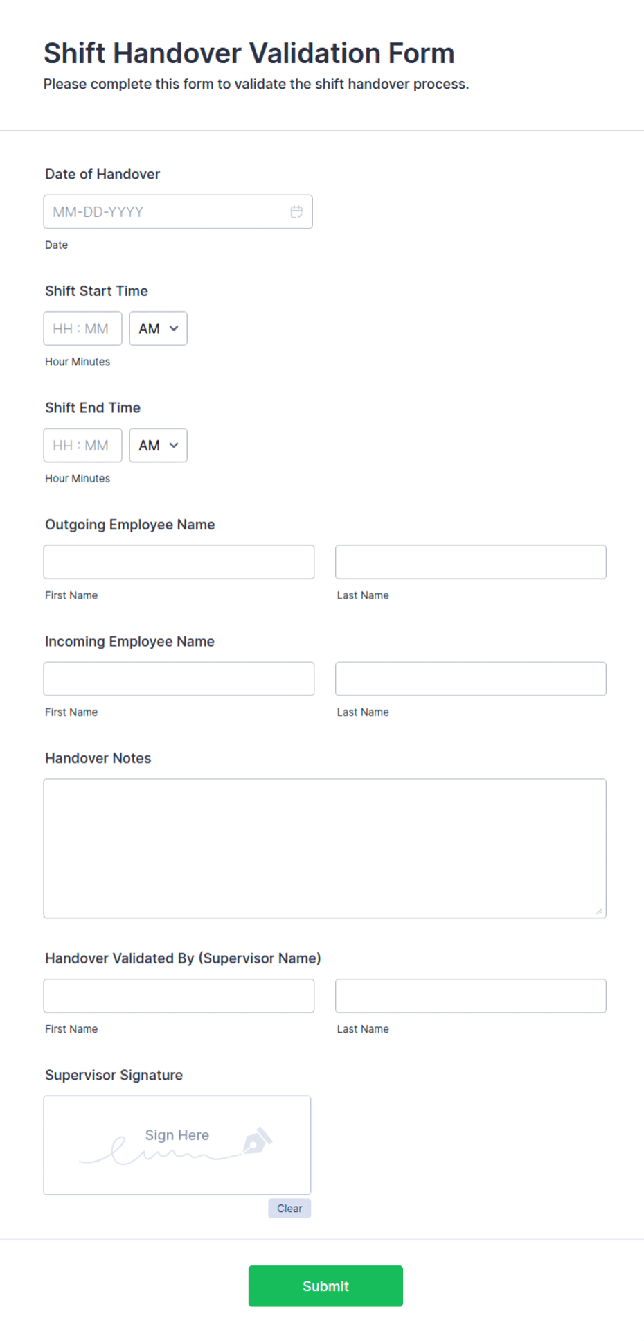 Shift Handover Validation Form Template | Jotform