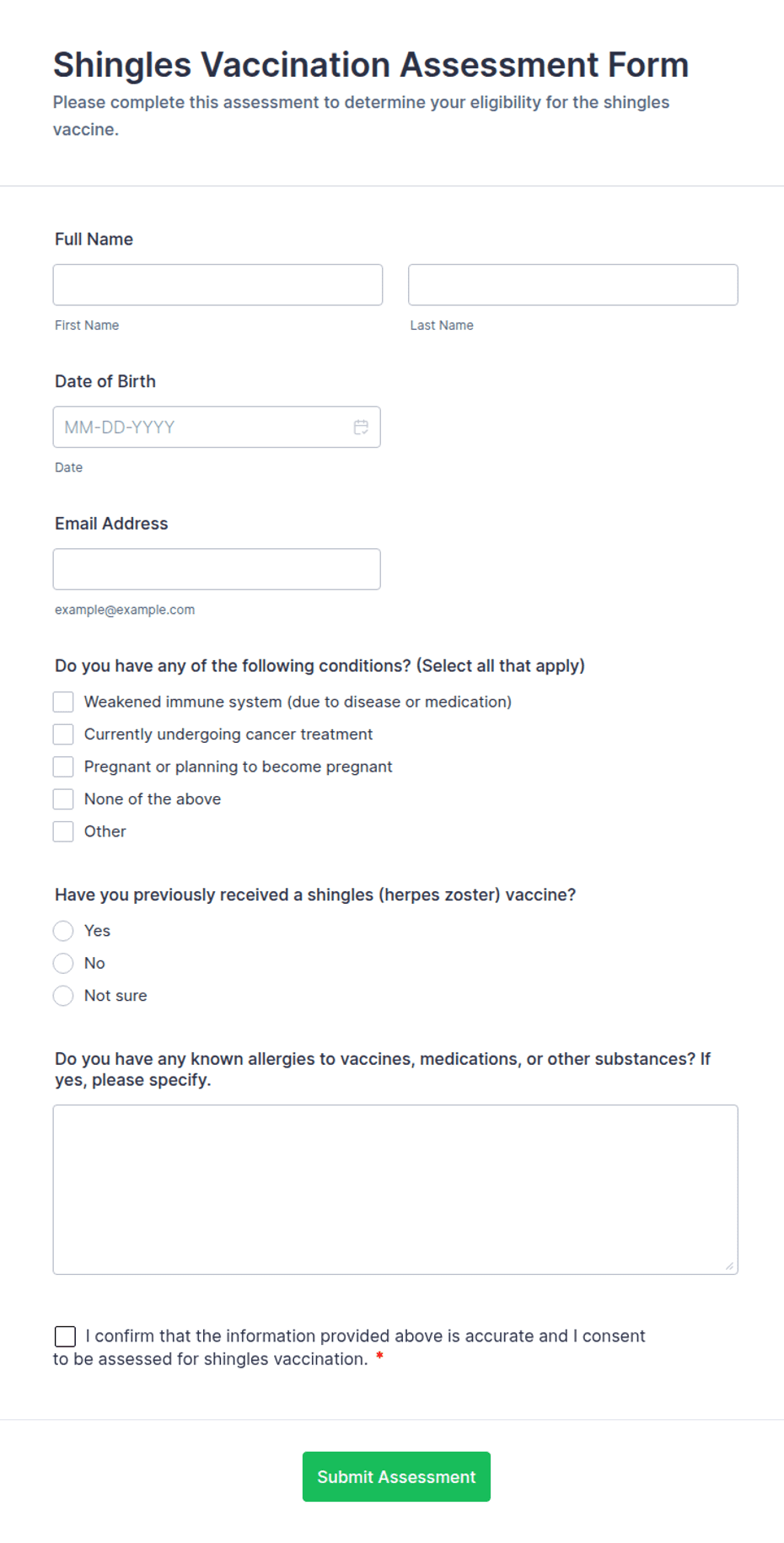 Shingles Vaccination Assessment Form Template | Jotform