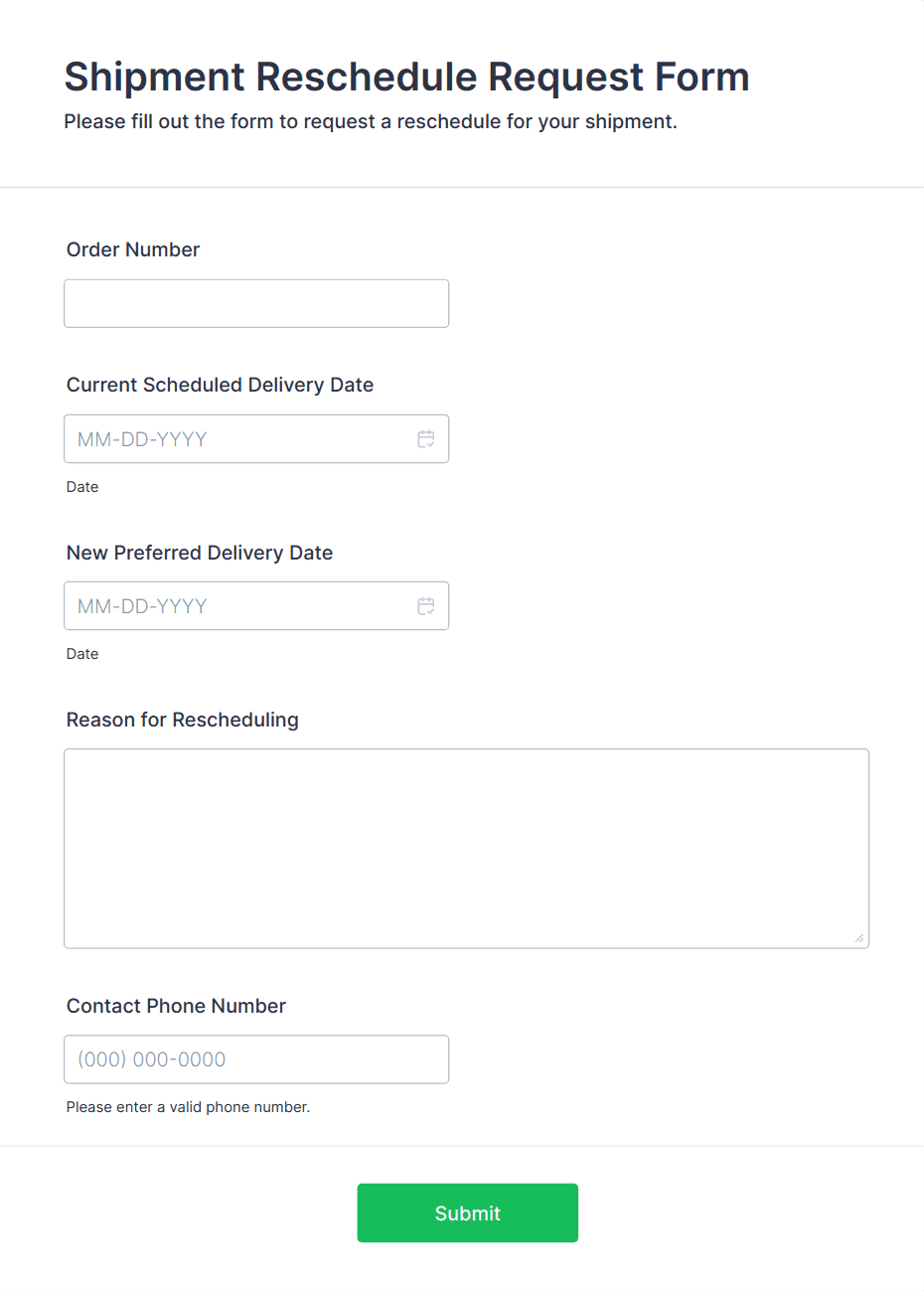 Shipment Reschedule Request Form Template | Jotform