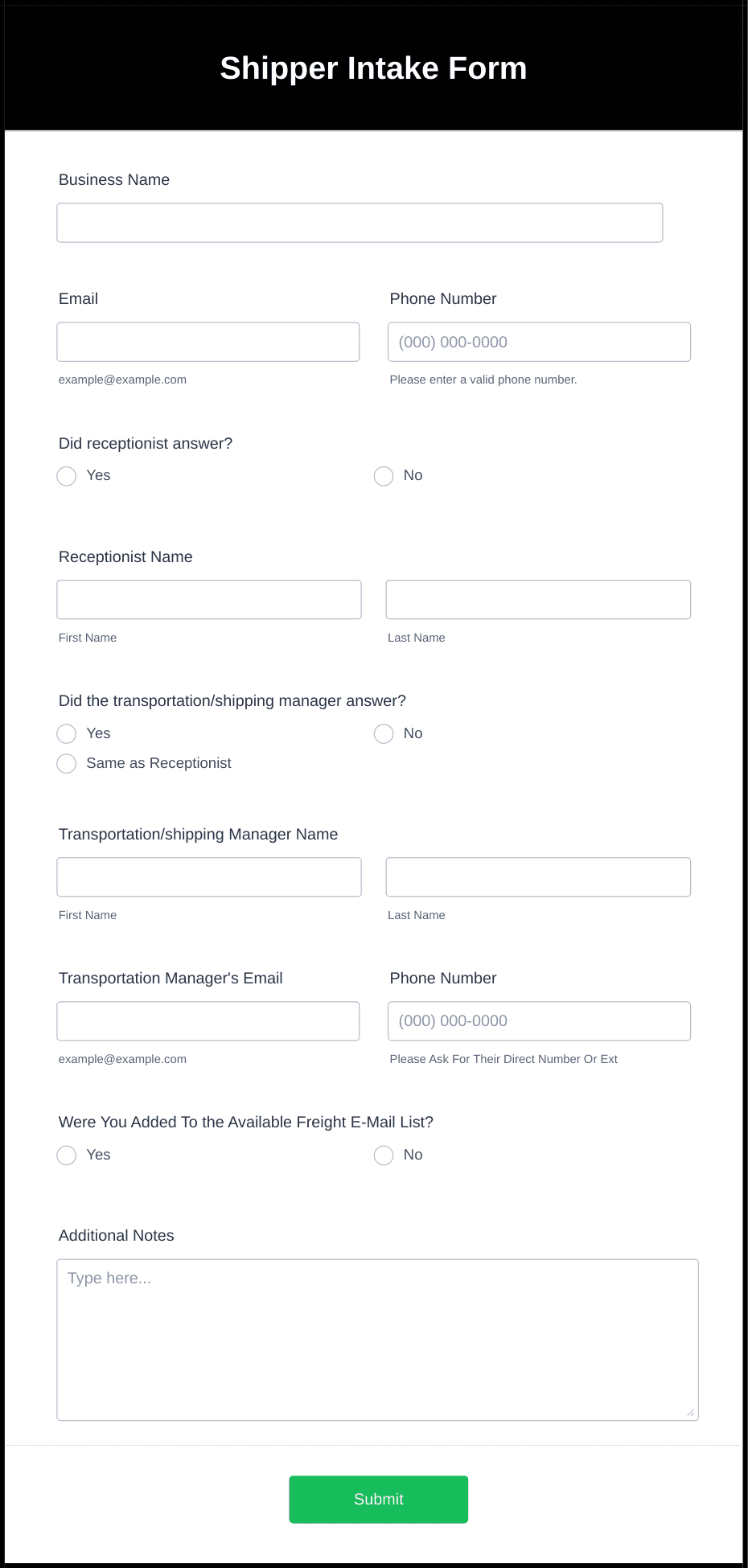 Shipper Intake Form Template | Jotform