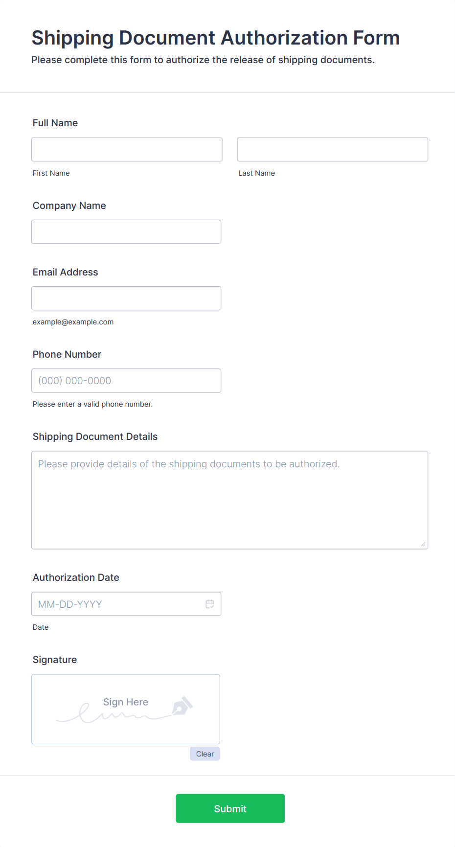 Shipping Document Authorization Form Template | Jotform