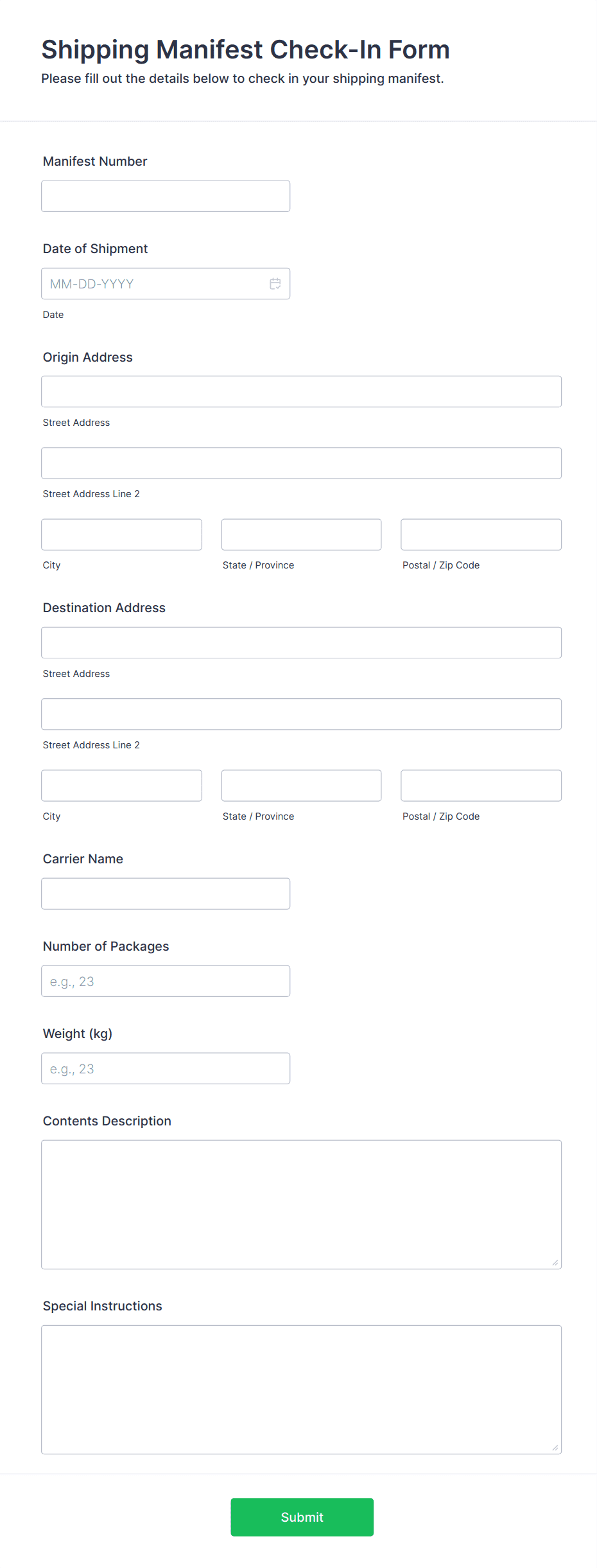 Shipping Manifest Check-In Form Template | Jotform