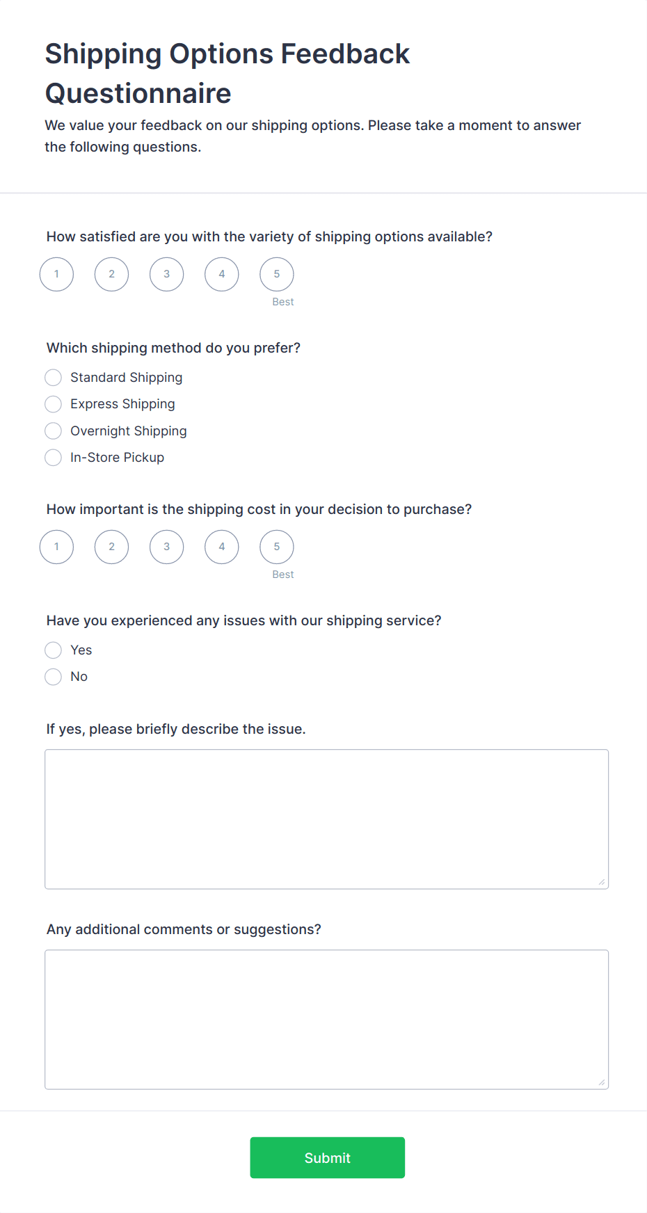 Shipping Options Feedback Questionnaire Form Template | Jotform